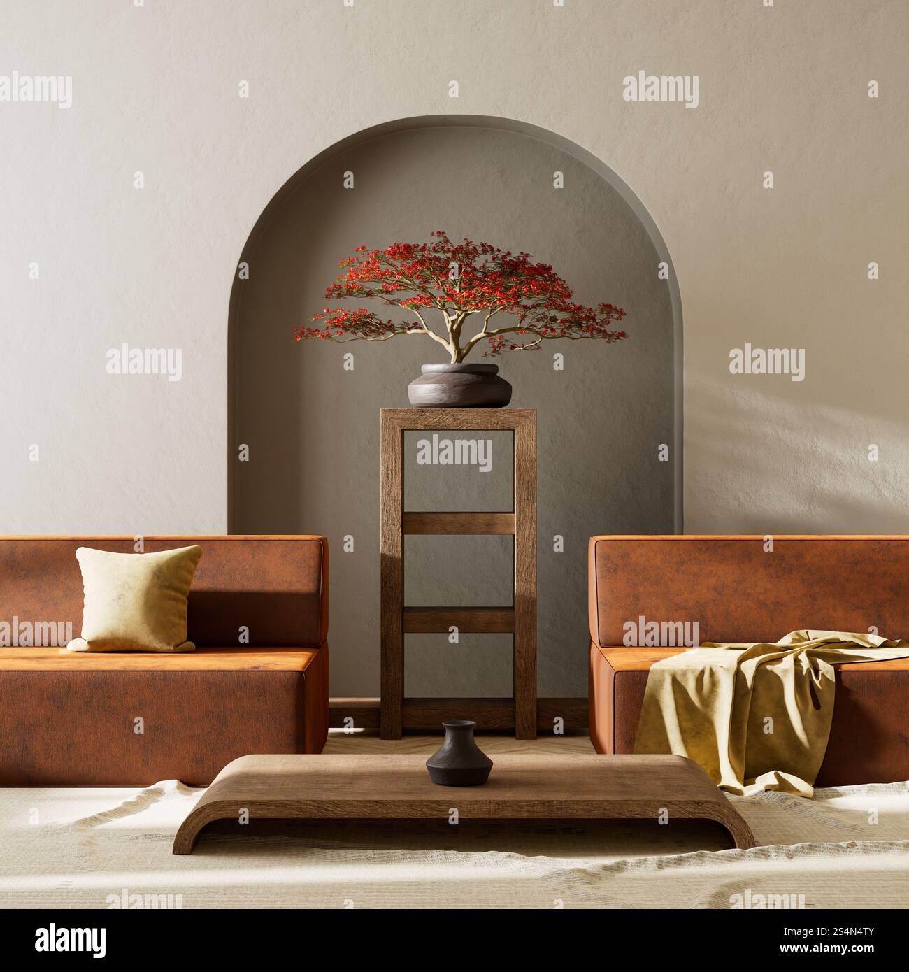 living room interior mock up, modern furnitures and decorative arch ...