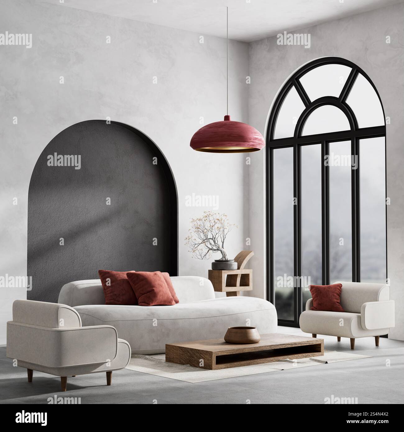 living room interior mock up, modern furnitures and decorative arch ...