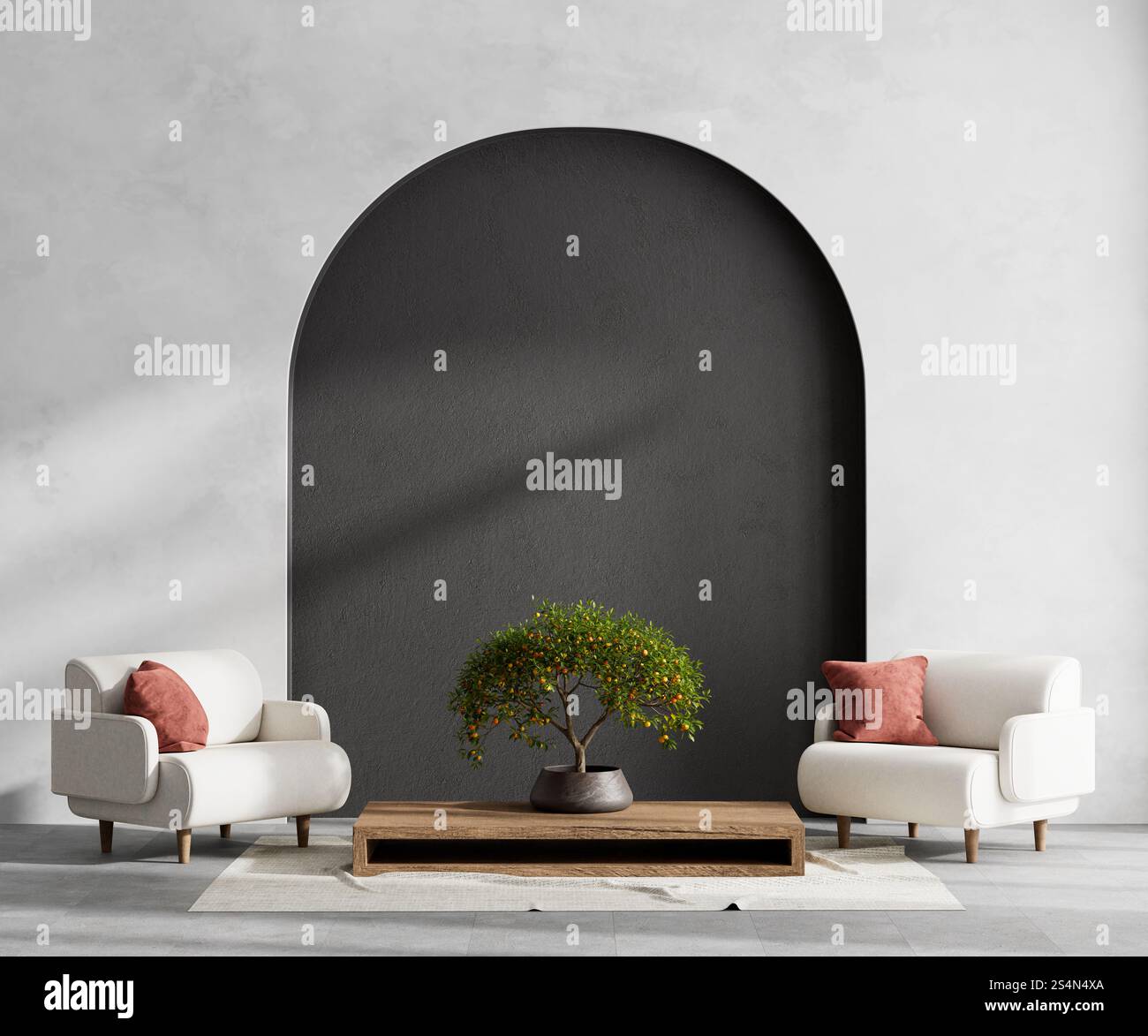 living room interior mock up, modern furnitures and decorative arch ...