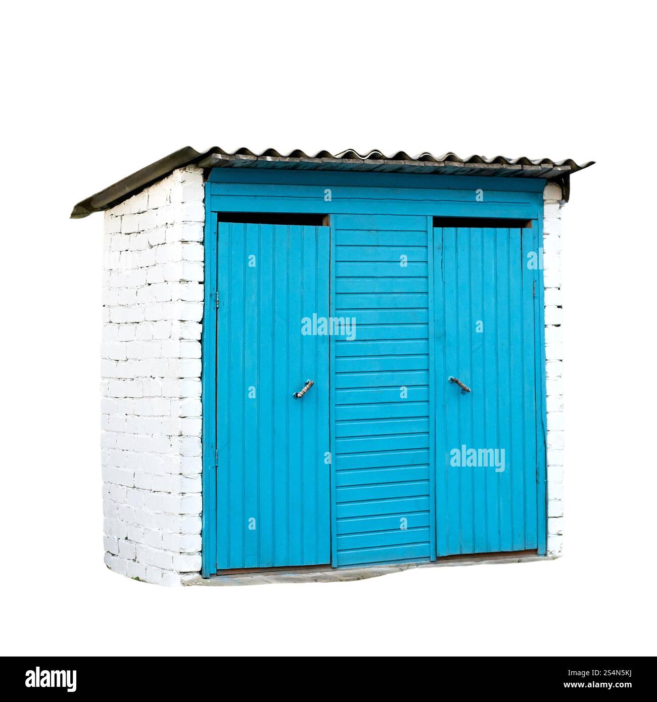 Bright blue wooden double doors on small white brick shed with ...