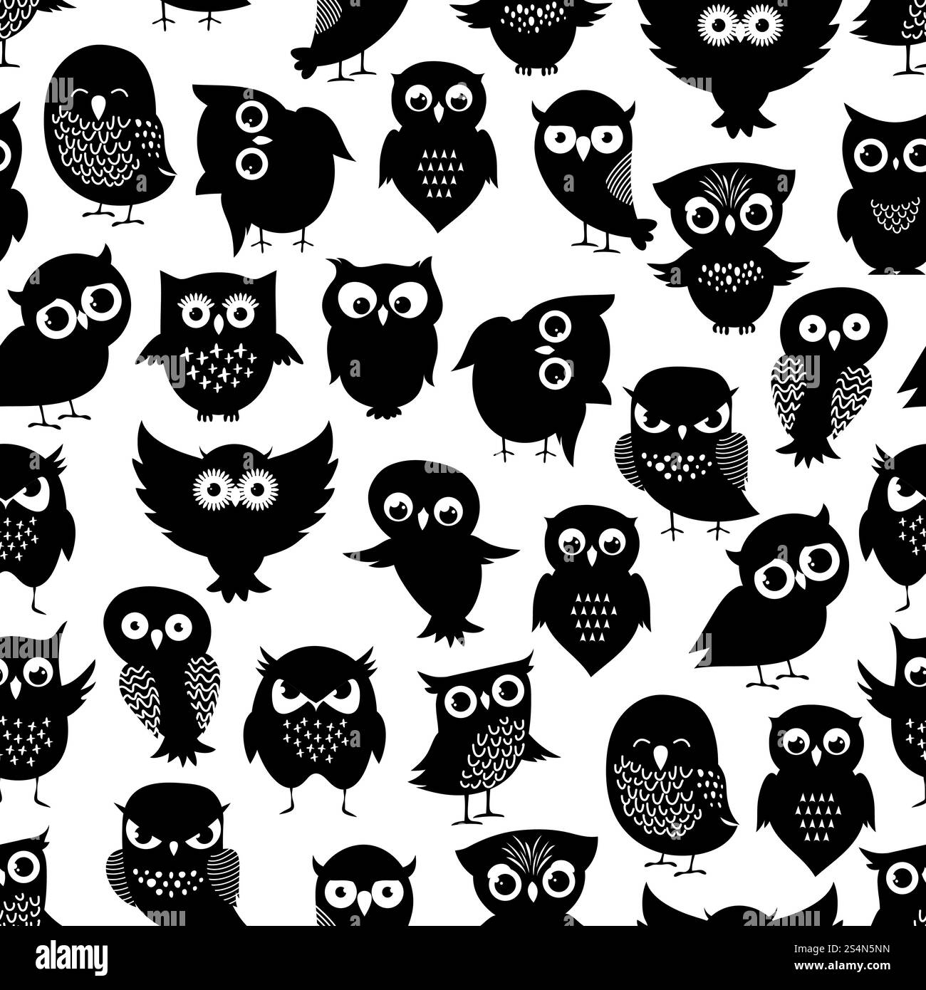 Cartoon owl seamless pattern. Black cute night birds texture. Vector ...