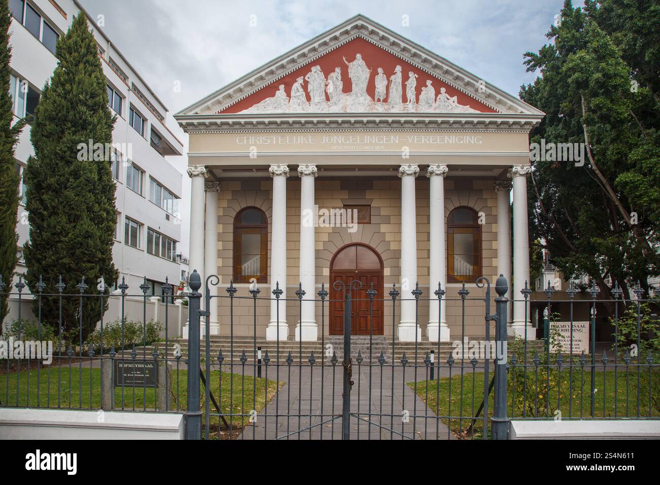 The Hofmeyr Hall ornate facade with ionic columns in downtown Stellenbosch, Western Cape, South ...