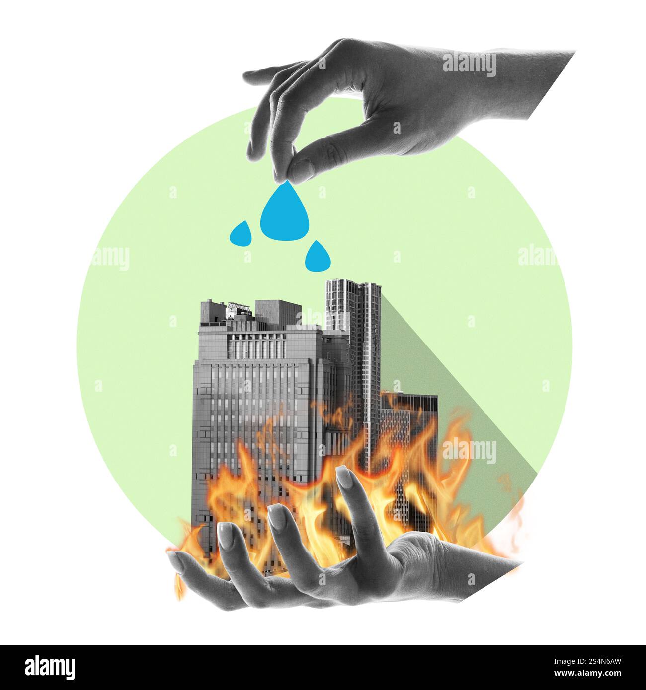 Conceptual art design. Hand extinguishing fire on cityscape using water ...
