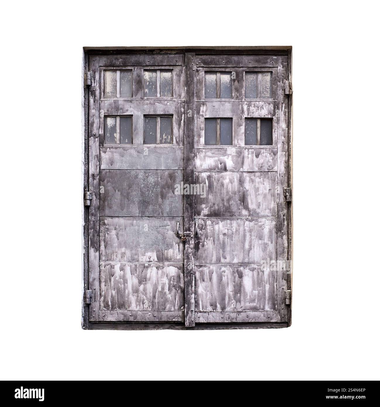 Weathered wooden garage doors with frosted windows and aged metal ...