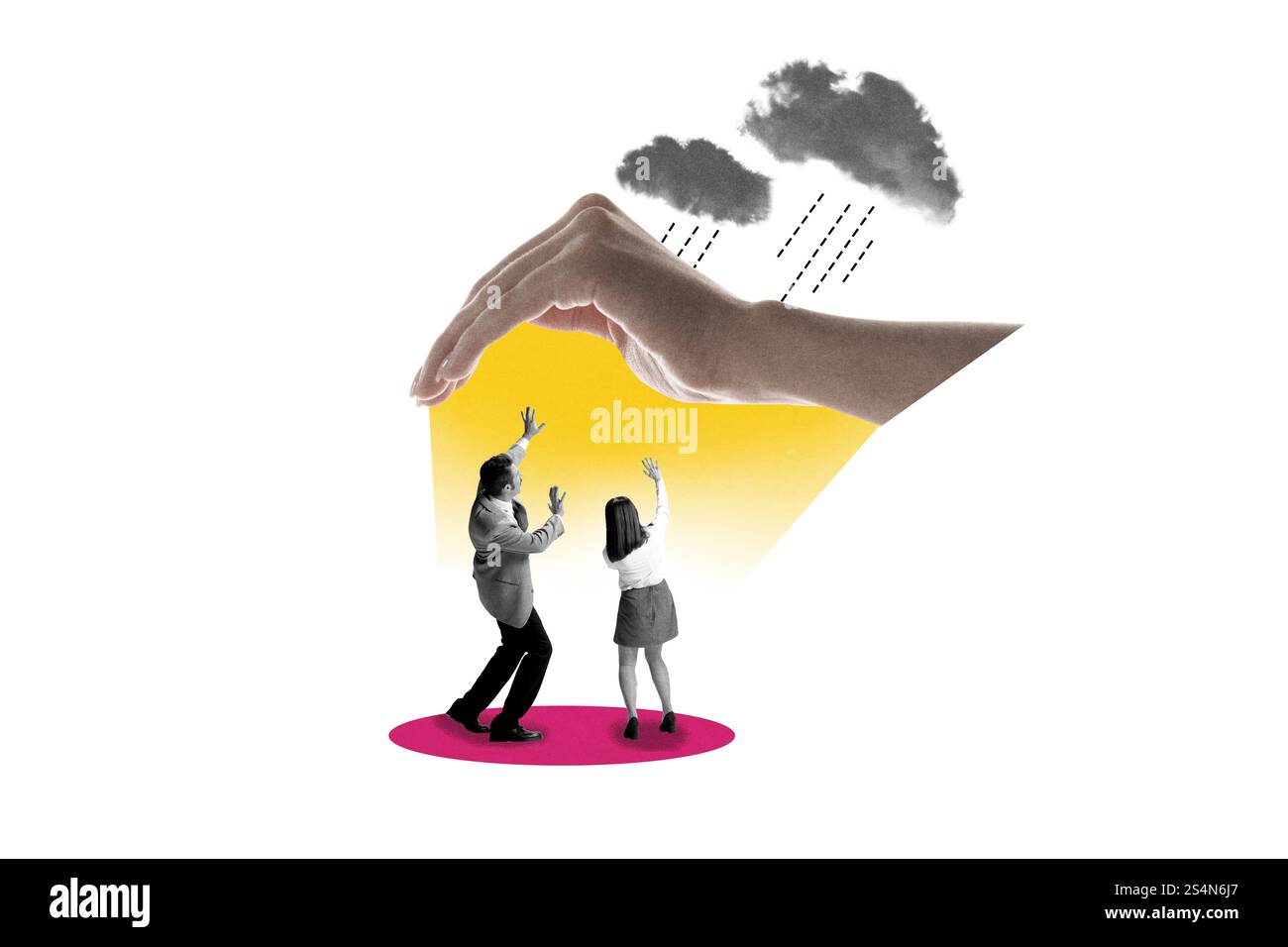 Contemporary art collage. Large hand shielding couple from storm clouds ...