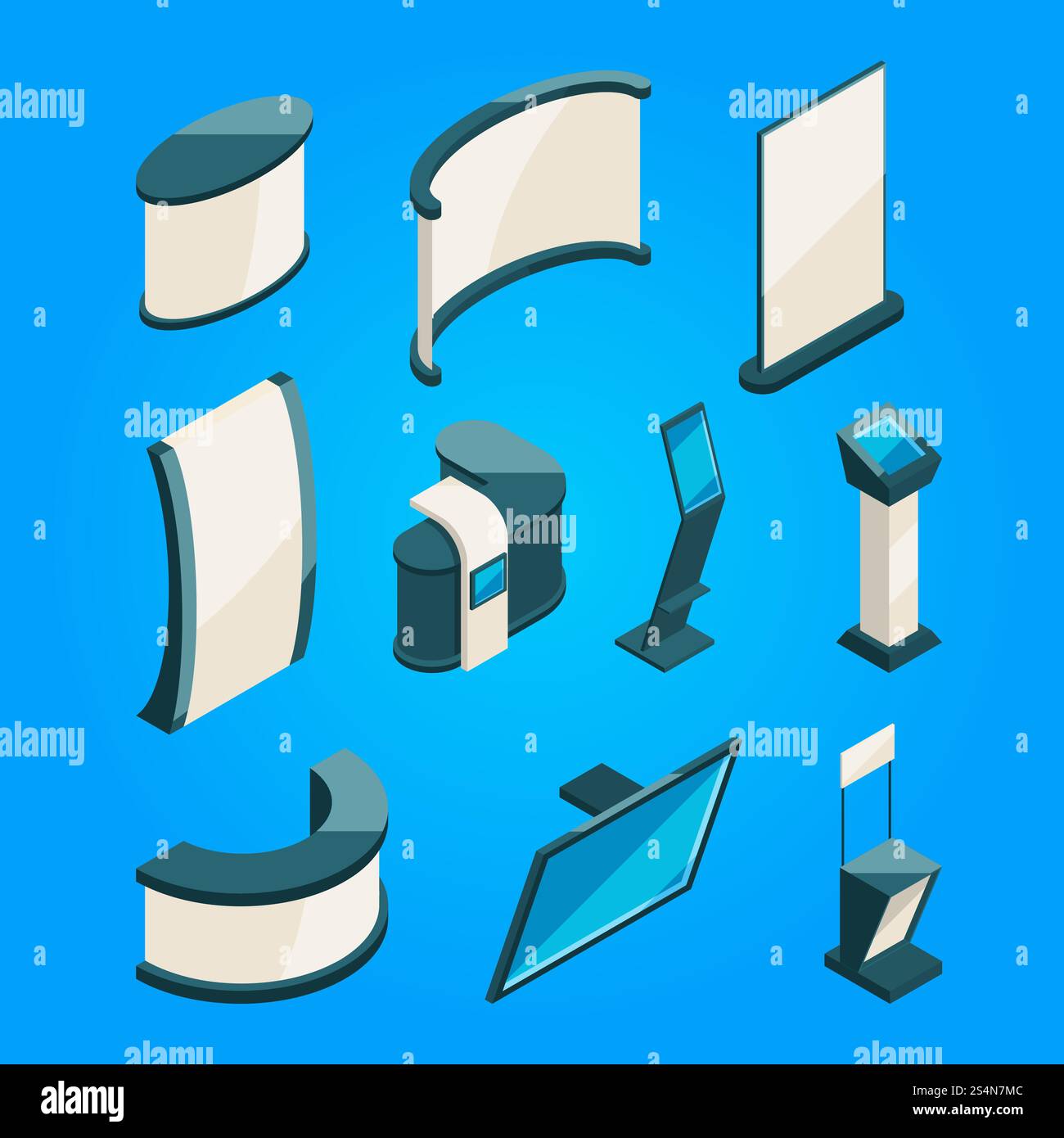 Expo trading. Product stands for exhibition. Isometric vector pictures ...
