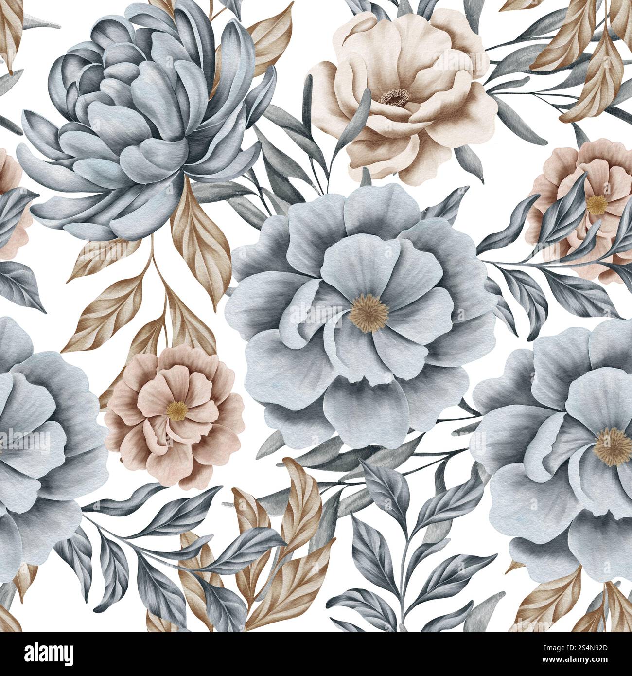 Watercolor floral seamless pattern with dried leaves, blue and beige ...