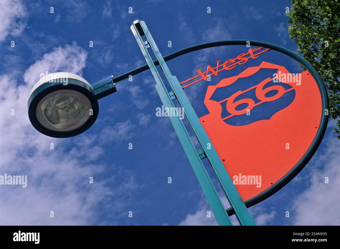 Route 66 sign on street lamp-post, Central Avenue, Downtown Albuquerque ...