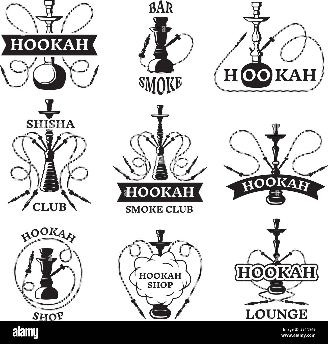 Illustrations and labels set of different hookahs. Lounge smoking ...