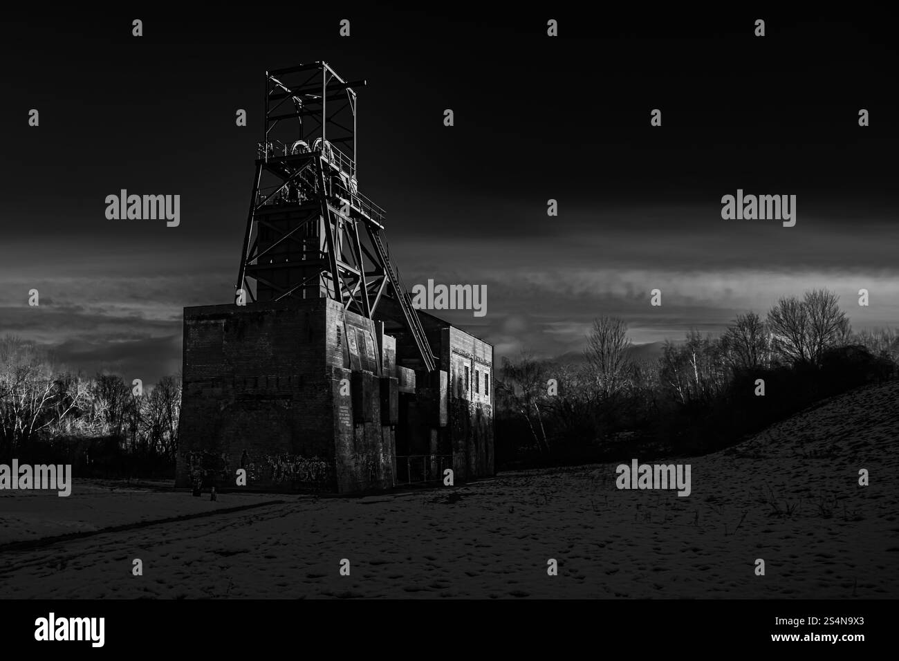Barnsley main colliery ruins, 1824 coal mine pit head in black and ...