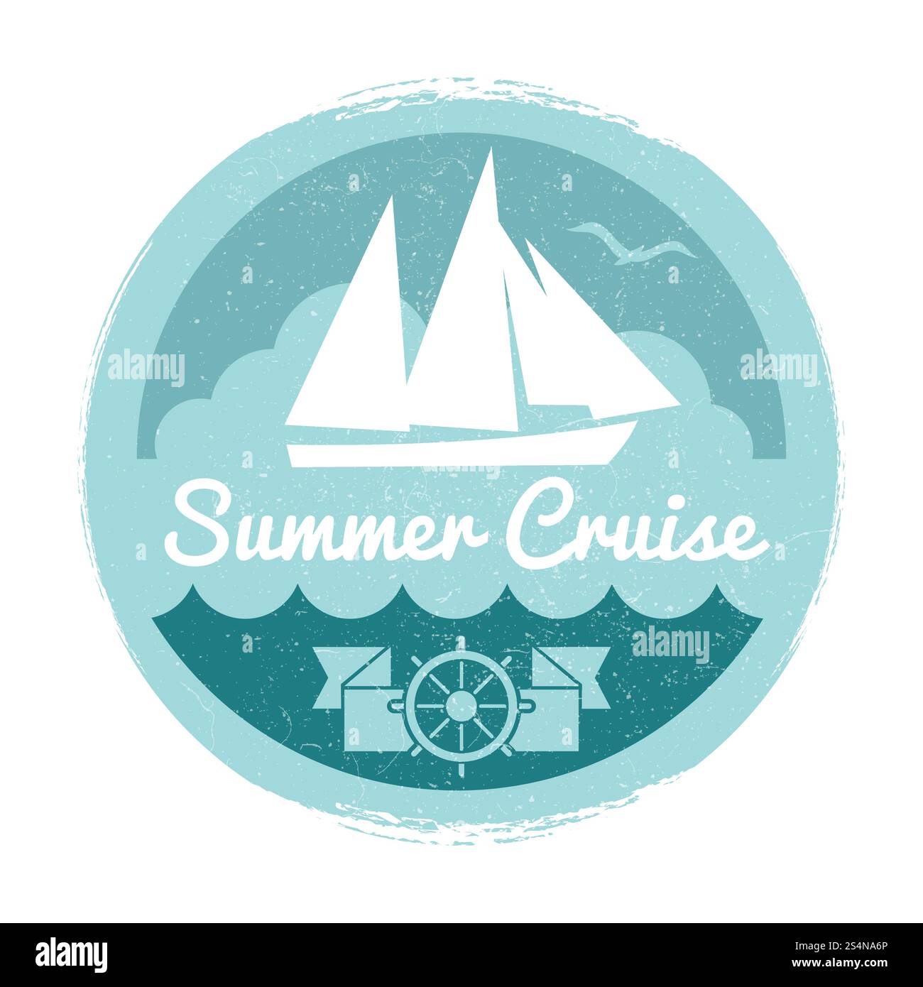 Vintage summer cruise label design with yacht on white background ...