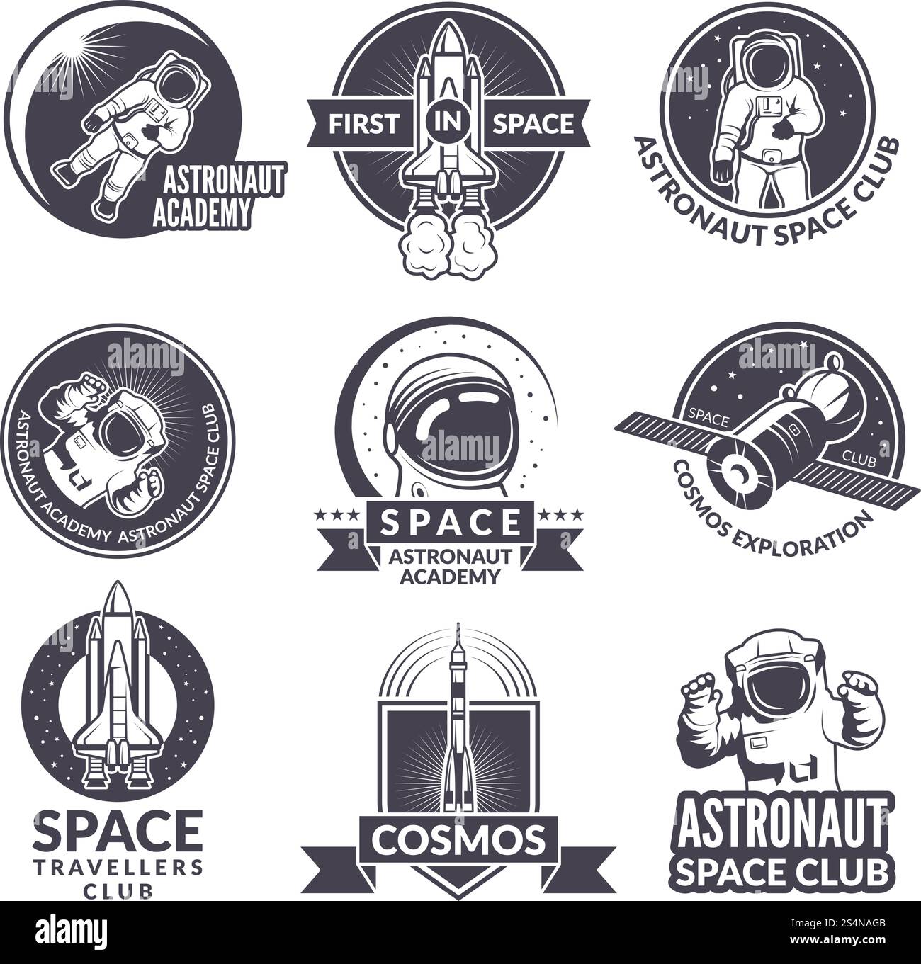 Emblems, labels or logos of space theme with illustrations of space and ...