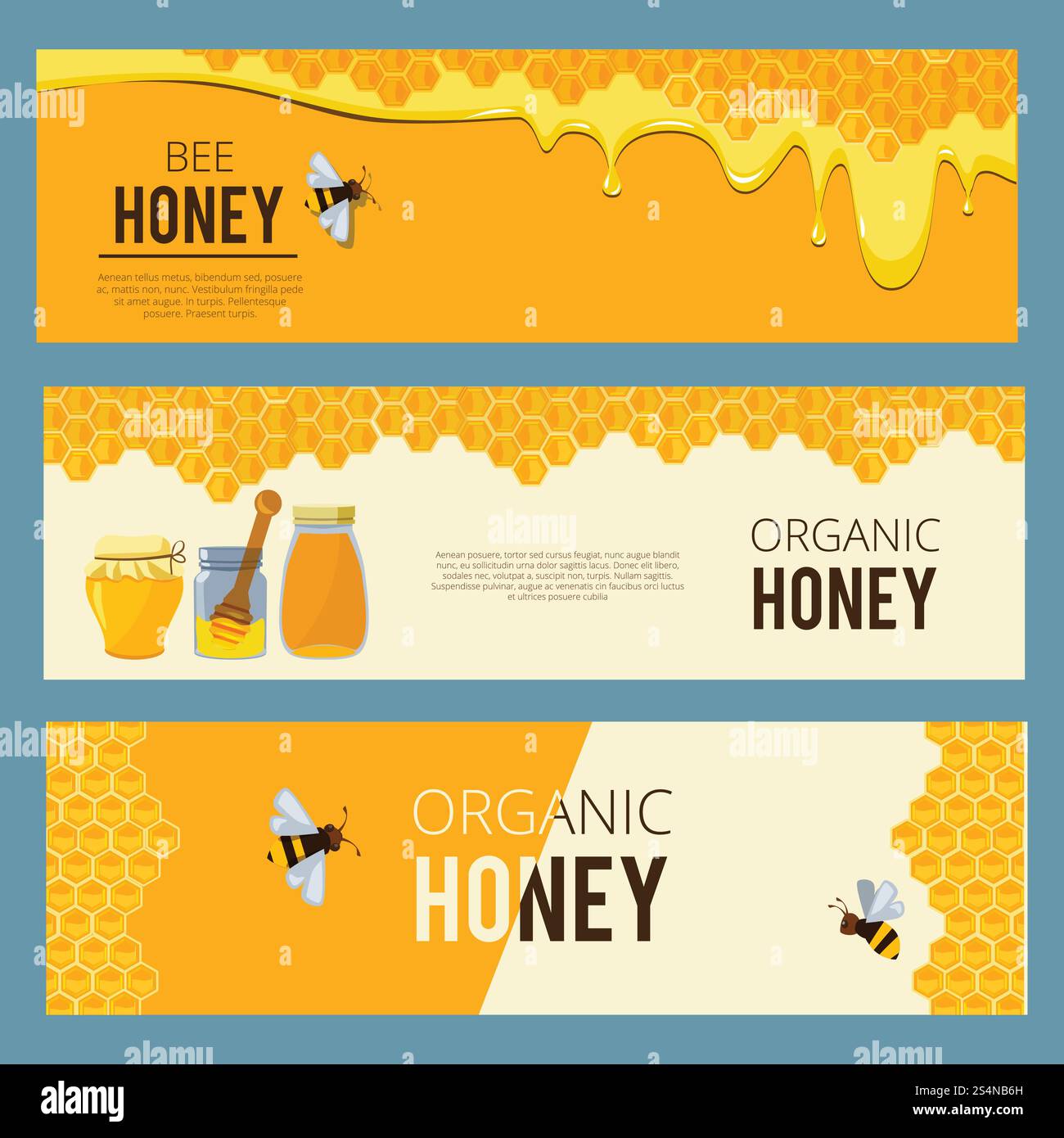 Horizontal banners with pictures set of apiary. Honey, waxing bee and ...