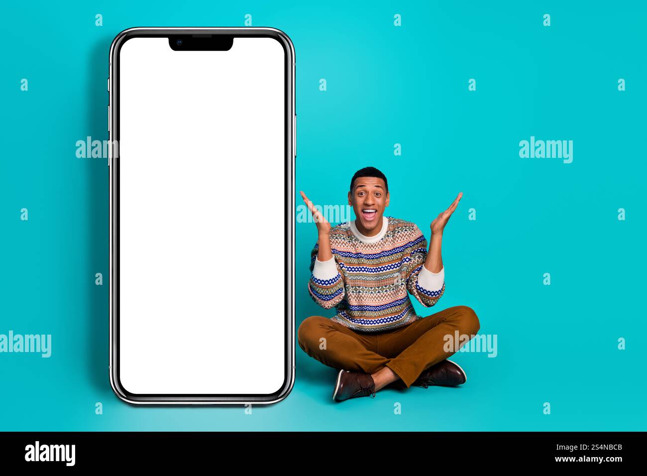 Full size photo of nice young man empty space smart phone display ...
