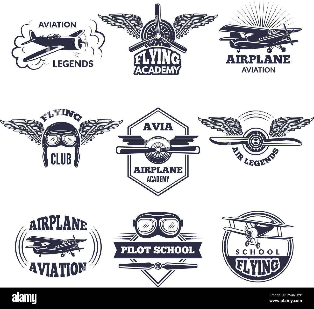 Labels at aircrafts theme. Vector monochrome illustrations of airplanes ...