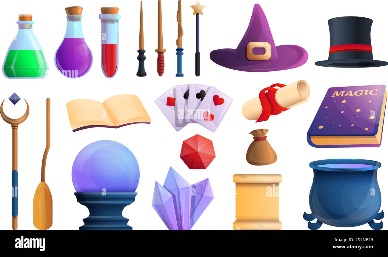 Wizard tools icons set. Cartoon set of wizard tools vector icons for ...