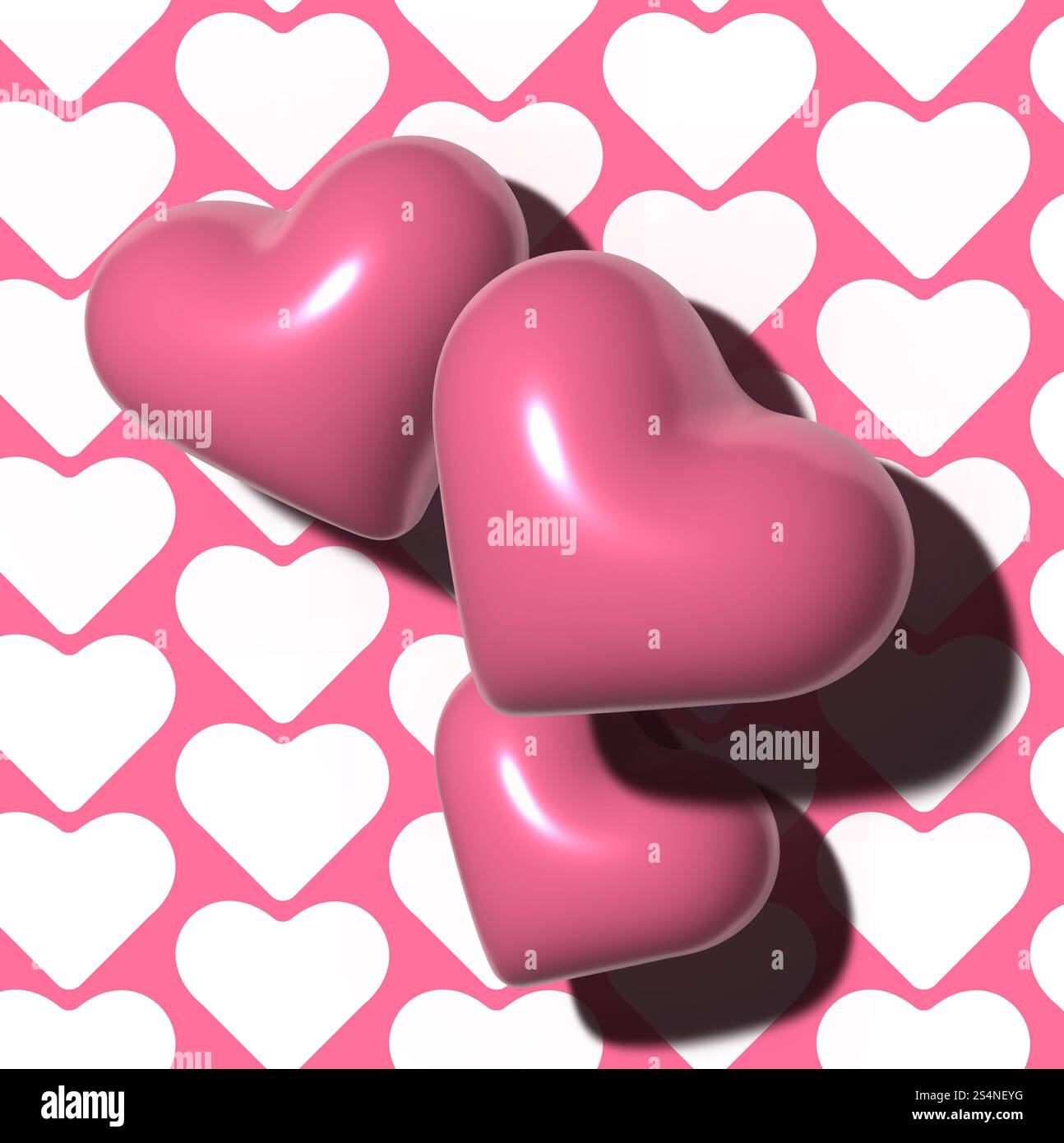 Volumetric pink hearts with shadow on the background of a pattern with ...