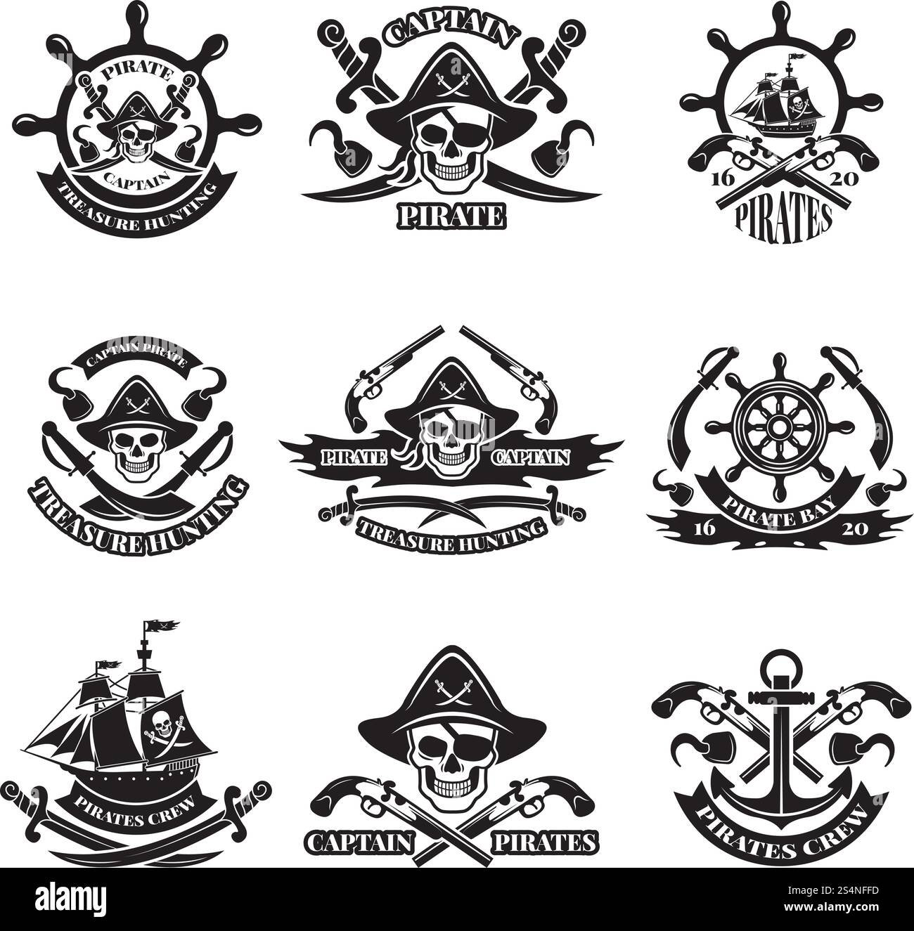 Monochrome pictures of pirate labels. Illustration of military ships ...
