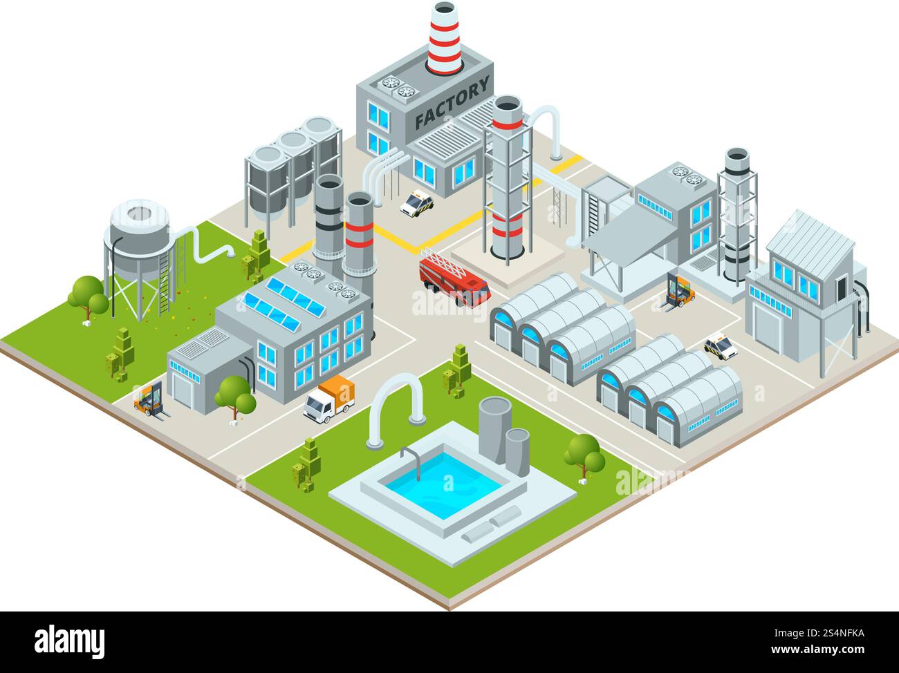 Outdoor landscape with factory buildings. Isometric pictures. Factory ...