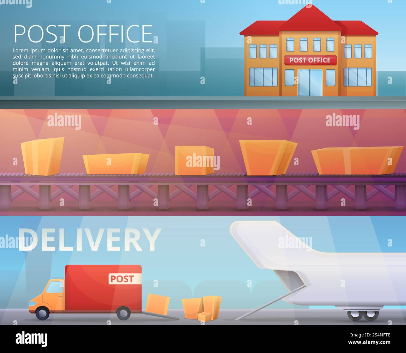 Delivery postman banner set. Cartoon illustration of delivery postman ...