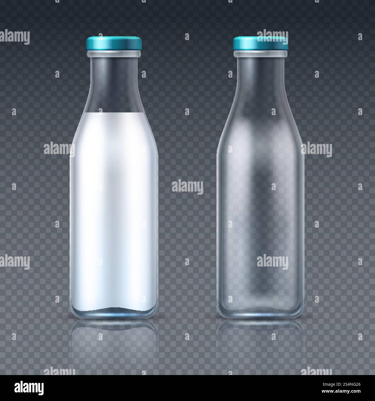 Glass beverage bottles empty and with milk. Dairy product packaging ...