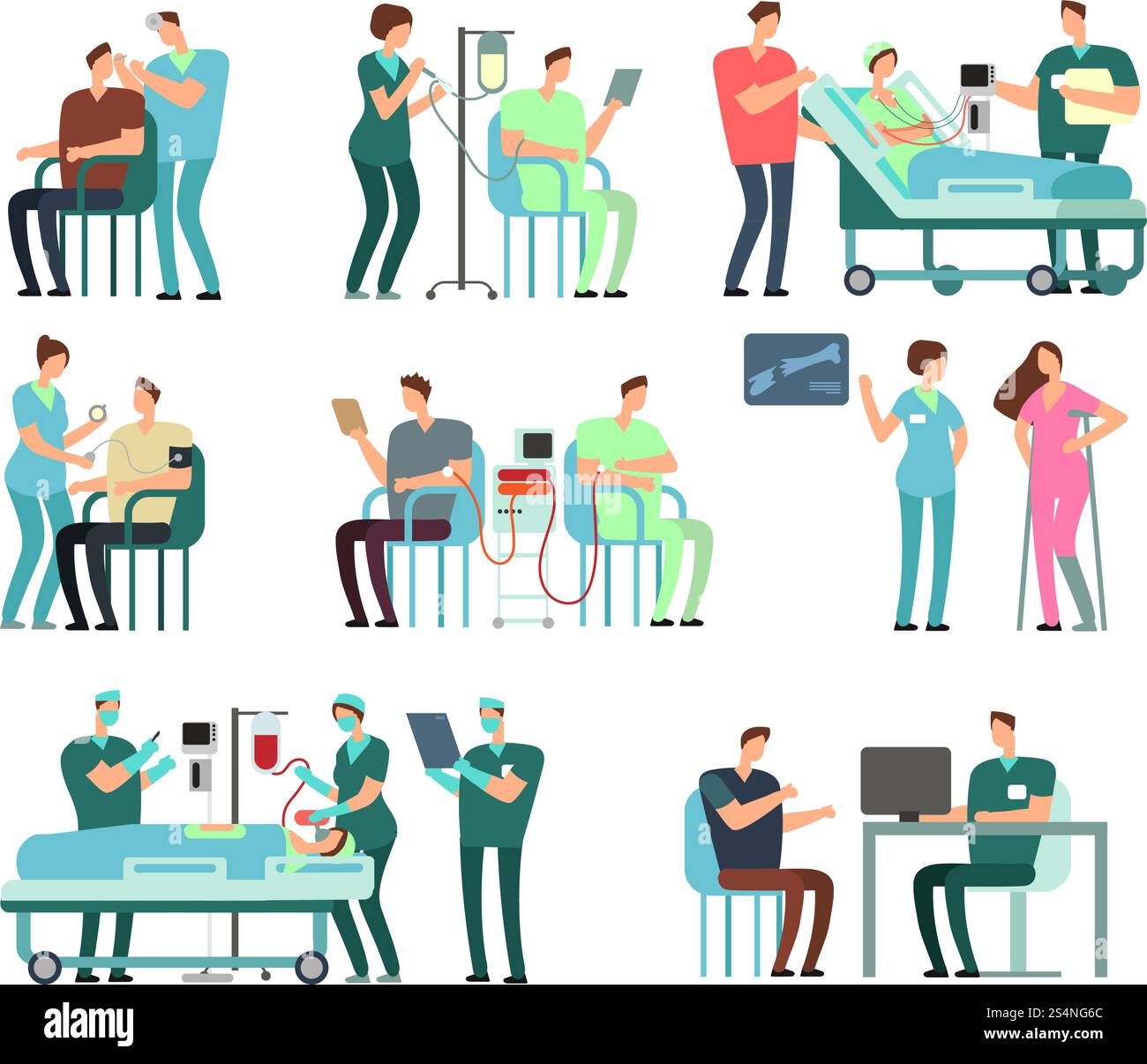 Man and woman patients with doctors, medical staff and equipment ...