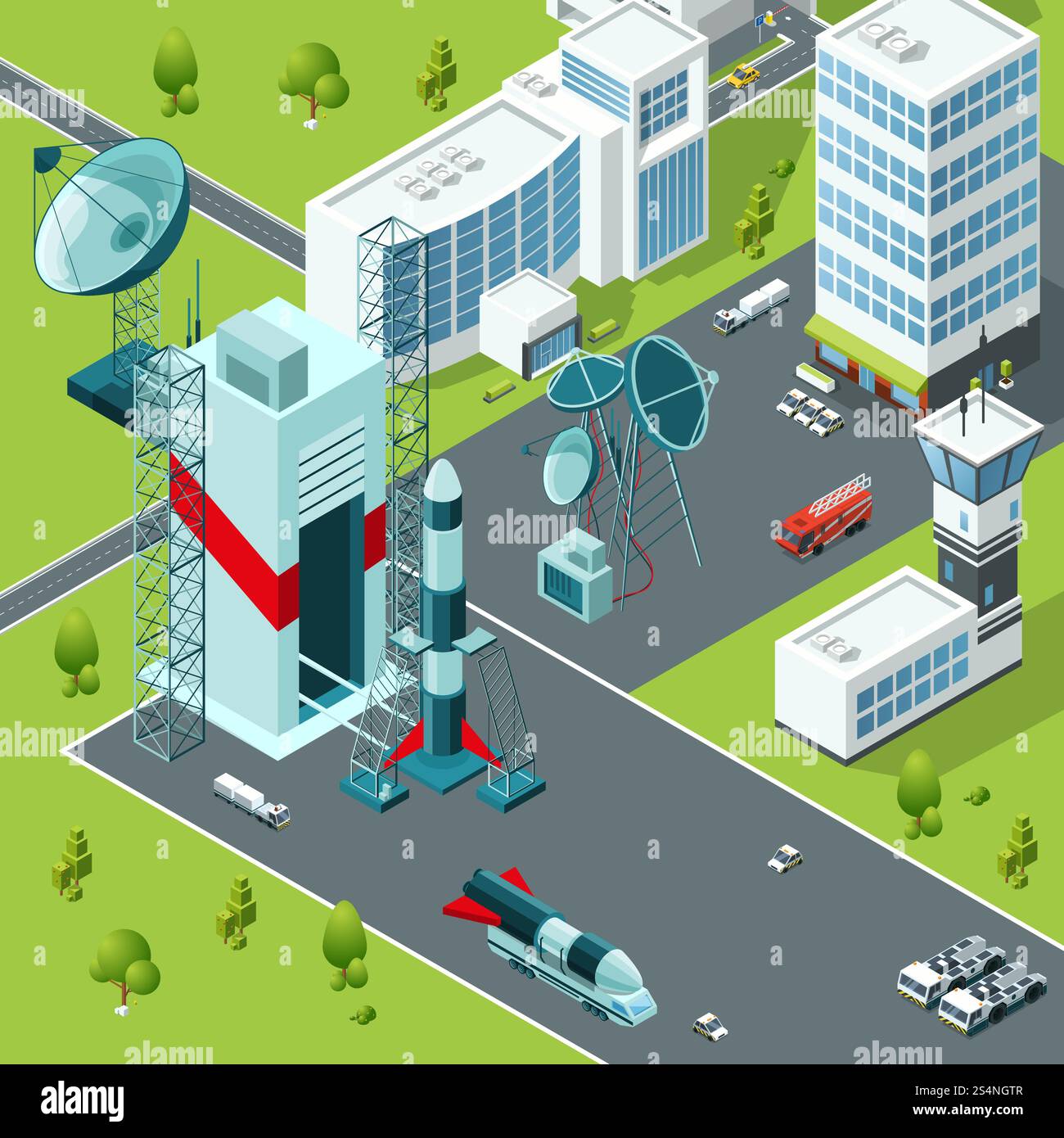 Launch pad of the spaceport. Isometric buildings and rocket launch ...