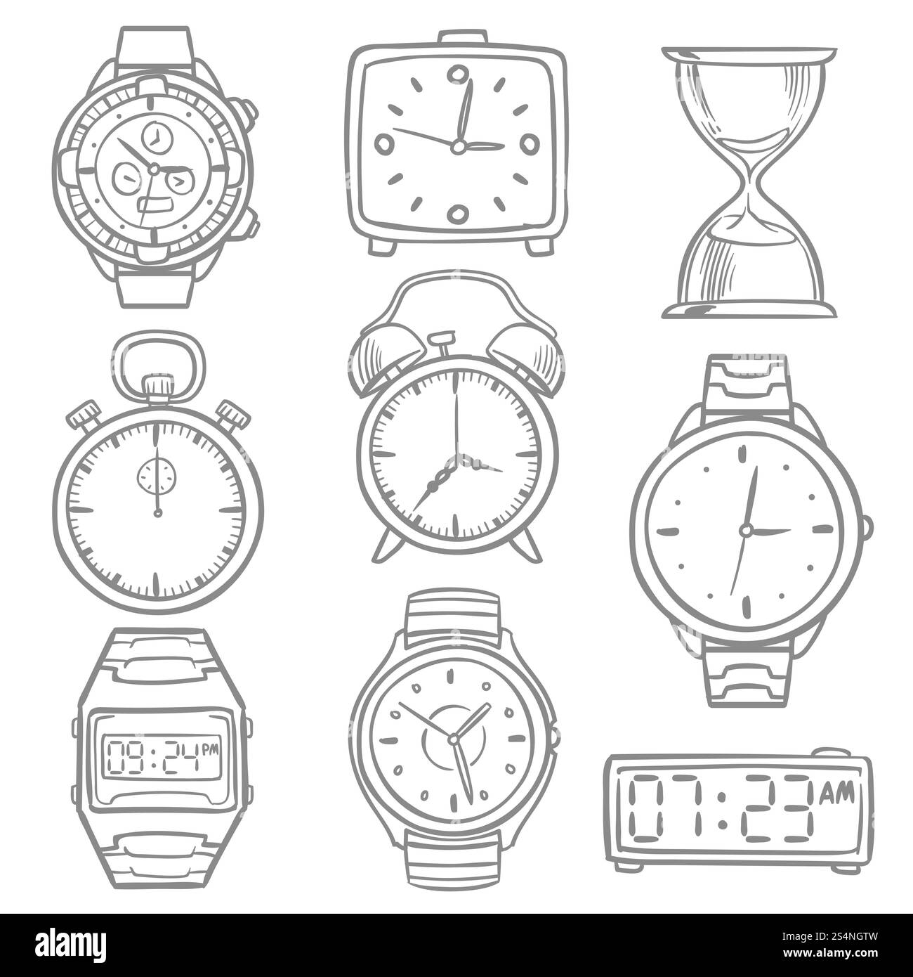 Hand drawn wristwatch, doodle sketch watches, alarm clocks and ...