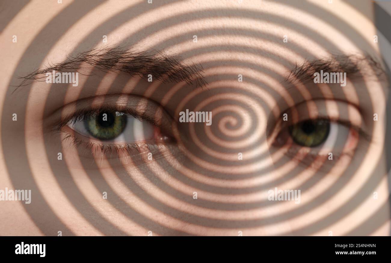 Hypnotized woman, closeup. Spiral symbolizing hypnotic effect Stock ...