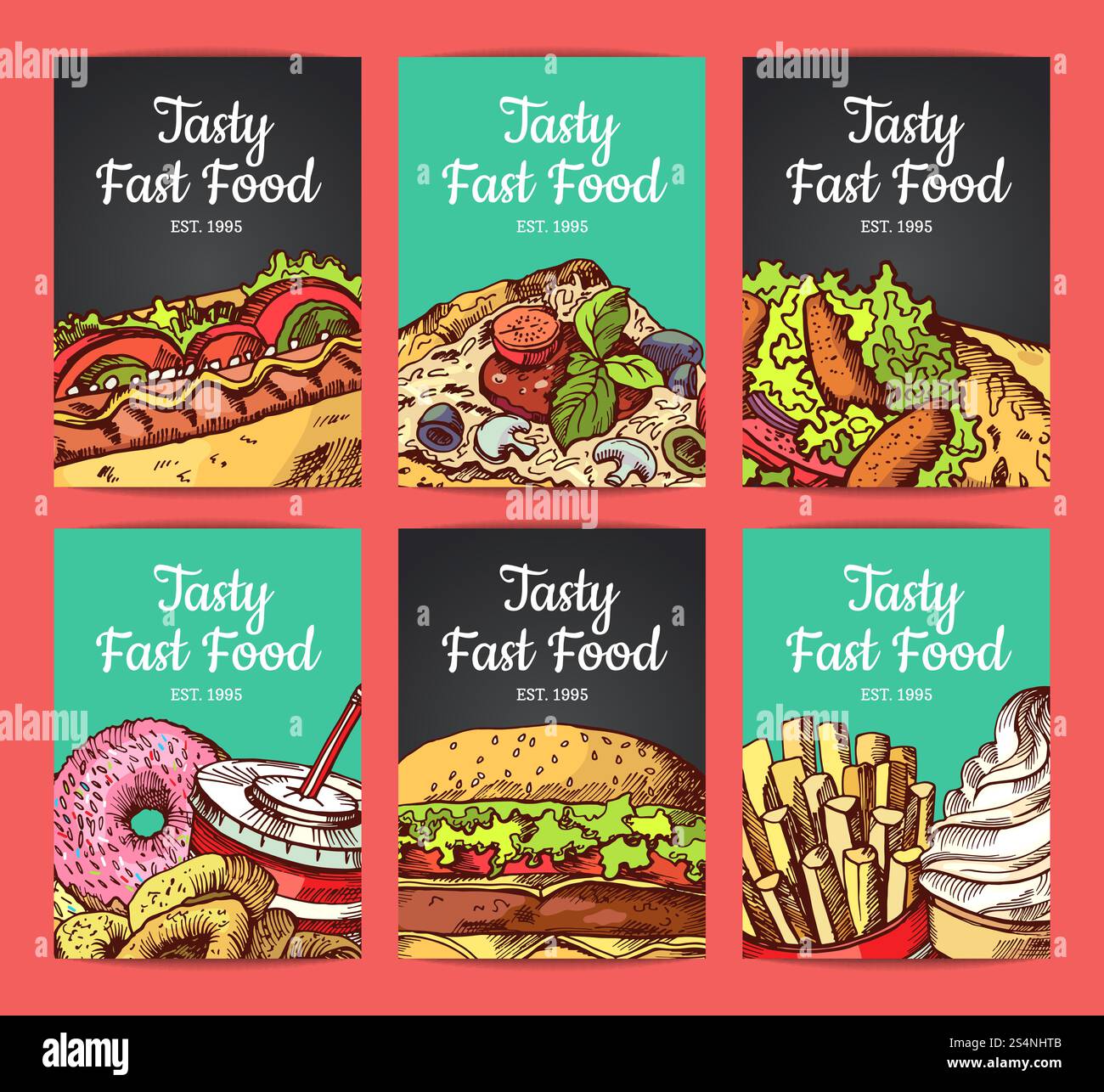 Vector card templates set with hand drawn fast food elements and place ...