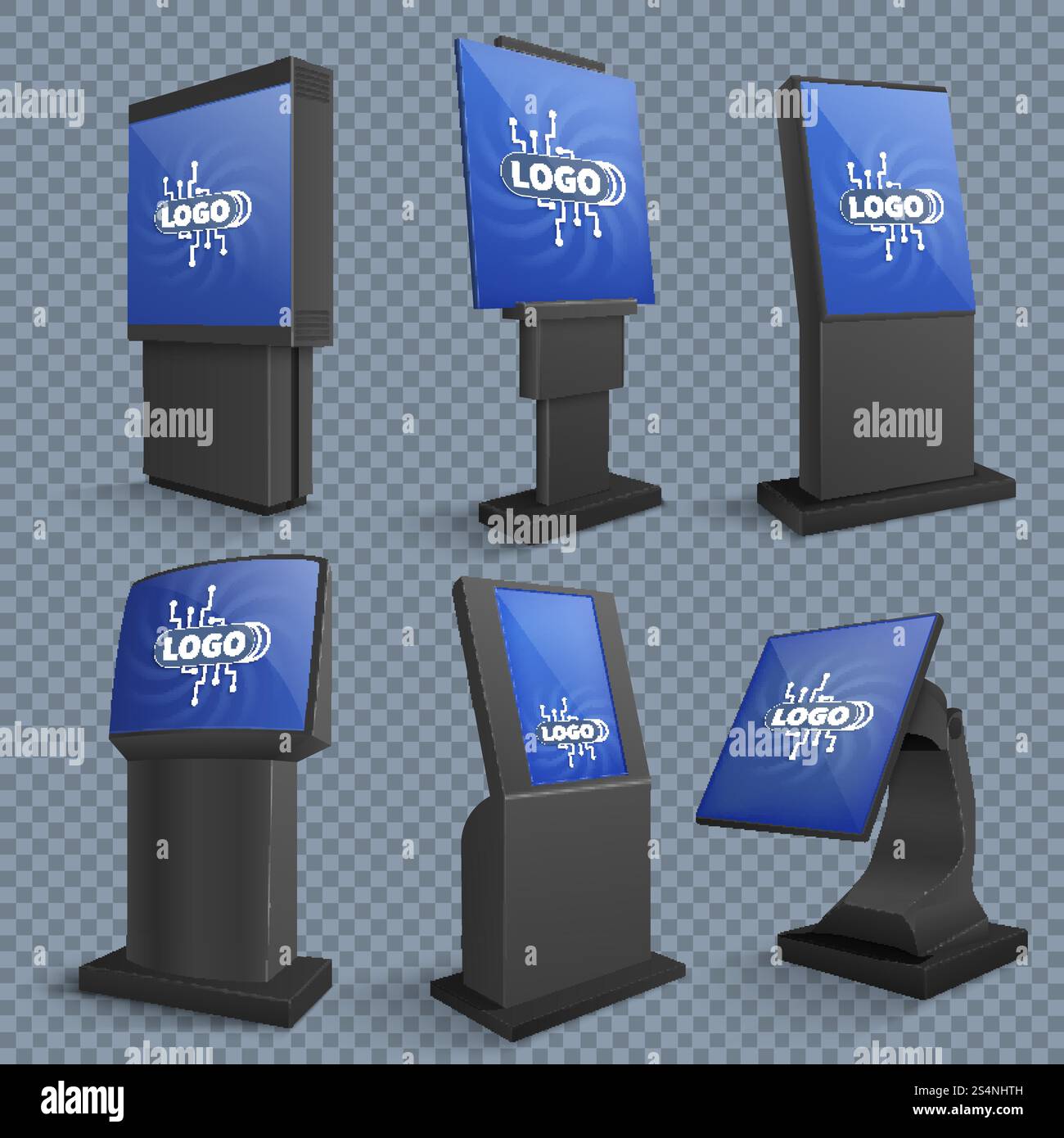 Touch screen computer terminals, lcd standing monitor of information kiosks vector set. Touch ...