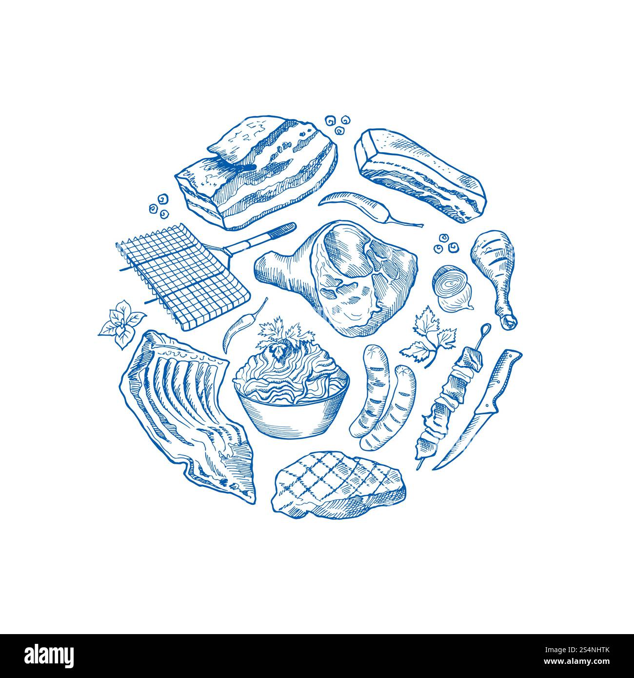 Vector hand drawn monochrome meat elements in for of circle ...