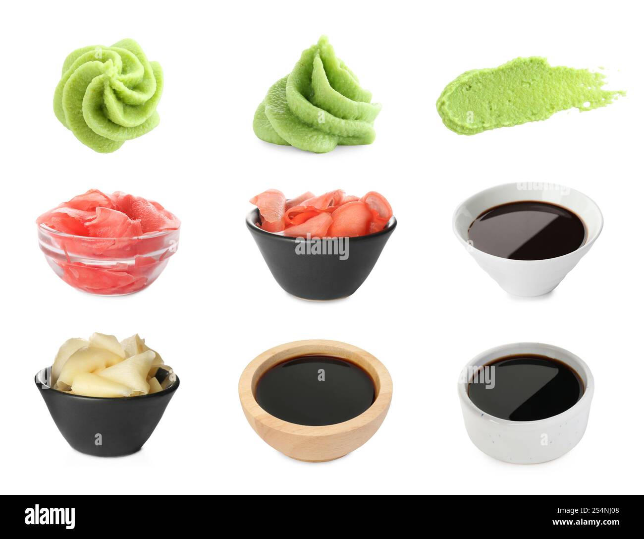 Wasabi, pickled ginger and soy sauce isolated on white, collage Stock ...