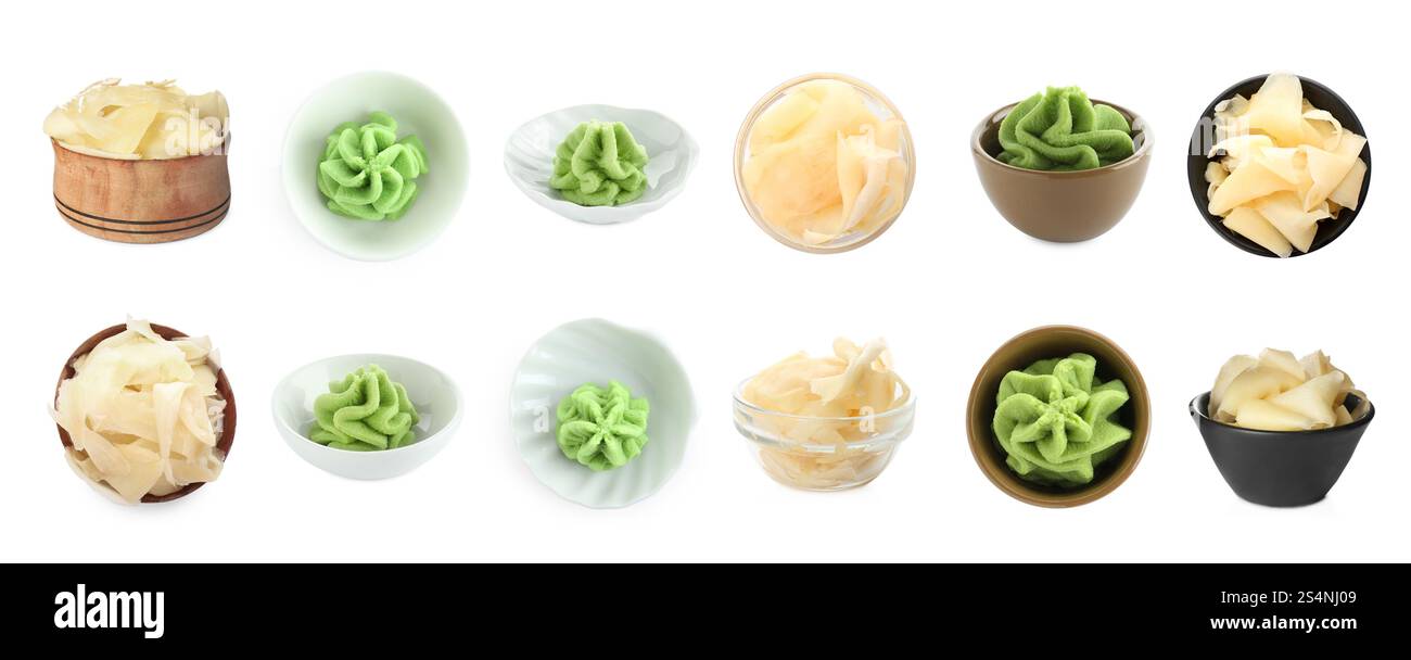 Wasabi and pickled ginger isolated on white, collage. Top and side ...