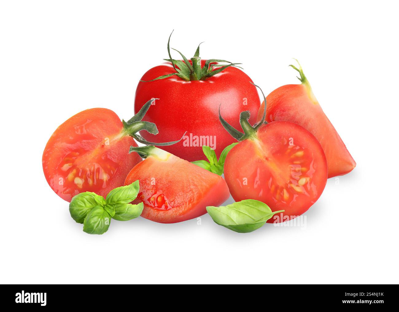 Fresh raw tomatoes and aromatic basil leaves isolated on white Stock ...