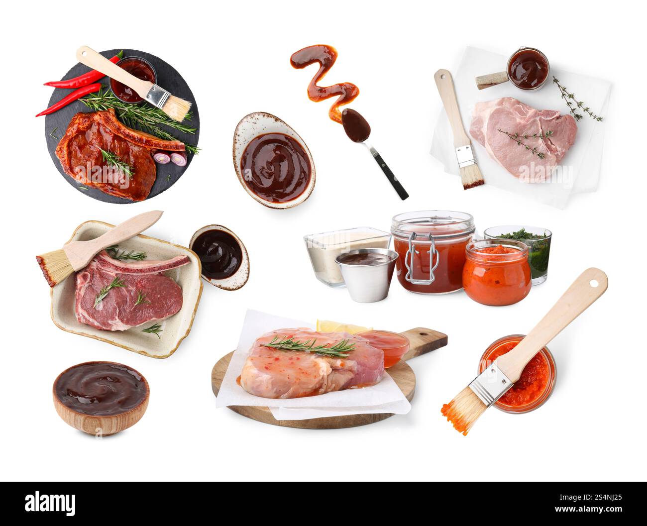 Marinade sauces and different types of marinated meat on white ...