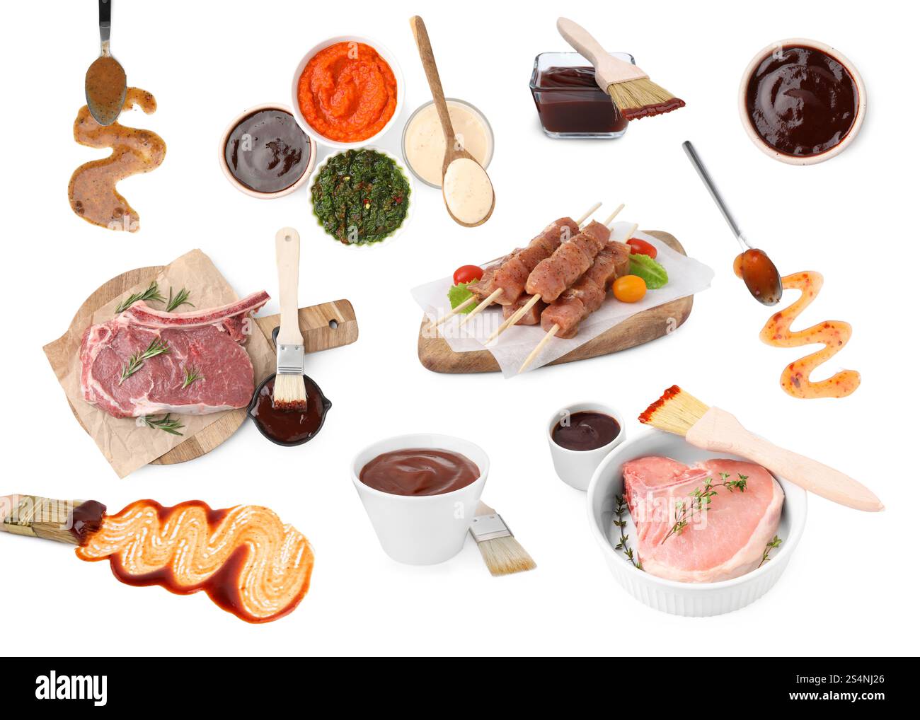 Marinade sauces and different types of marinated meat on white ...