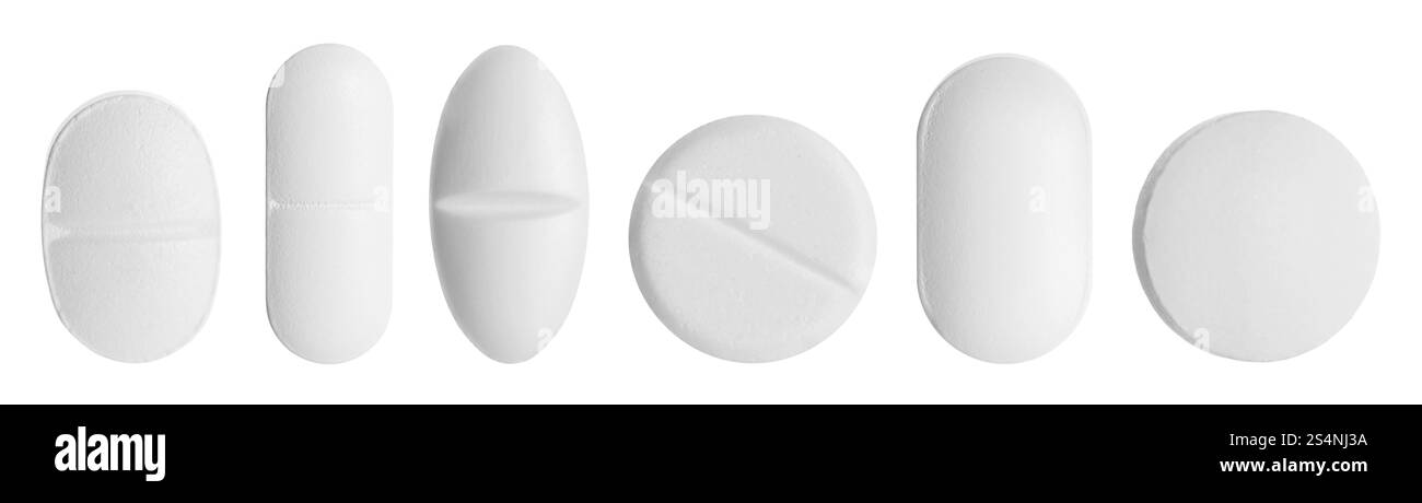 Different pills in row isolated on white, set Stock Photo - Alamy