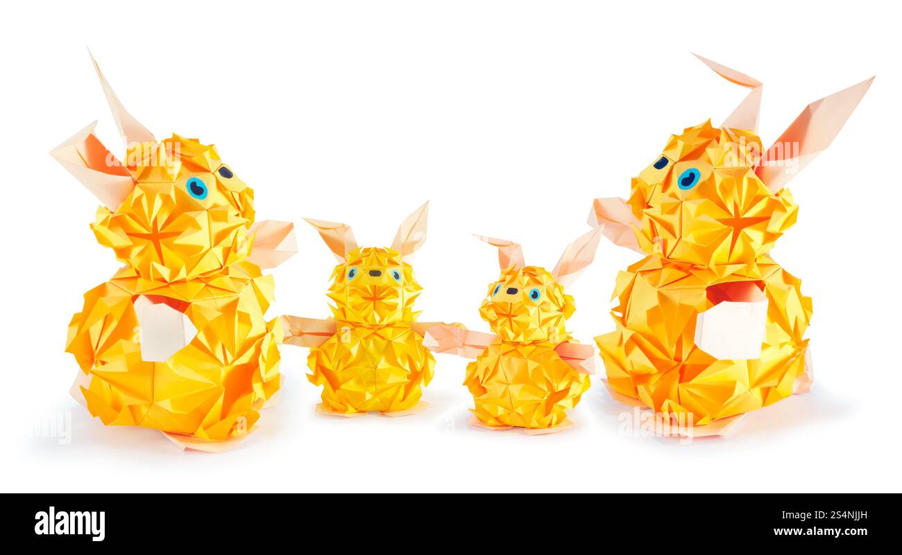 origami figure of hare family (isolated on white, with shadows Stock ...