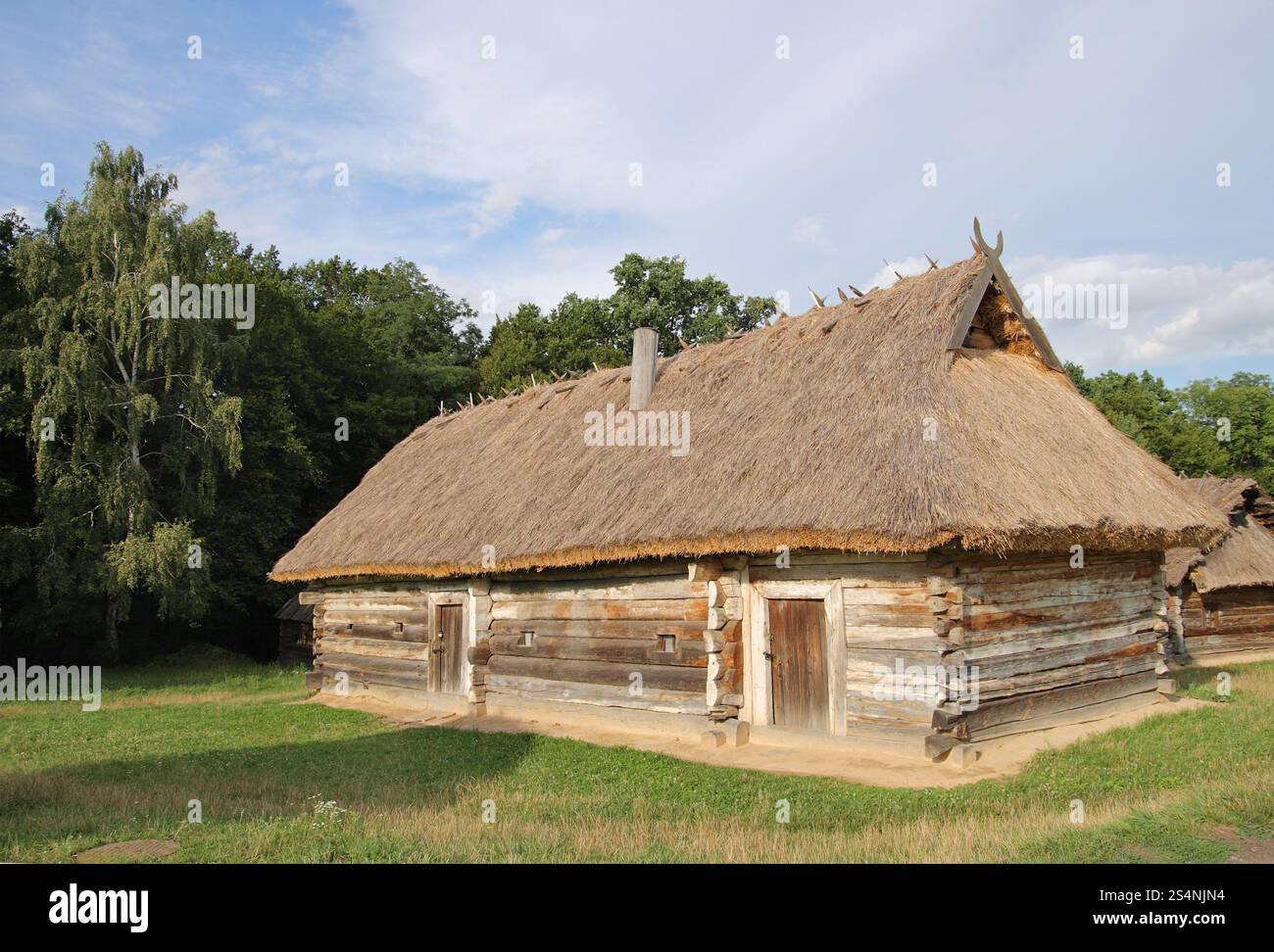 old wood log shed with thatch roof on historical country homestead ...