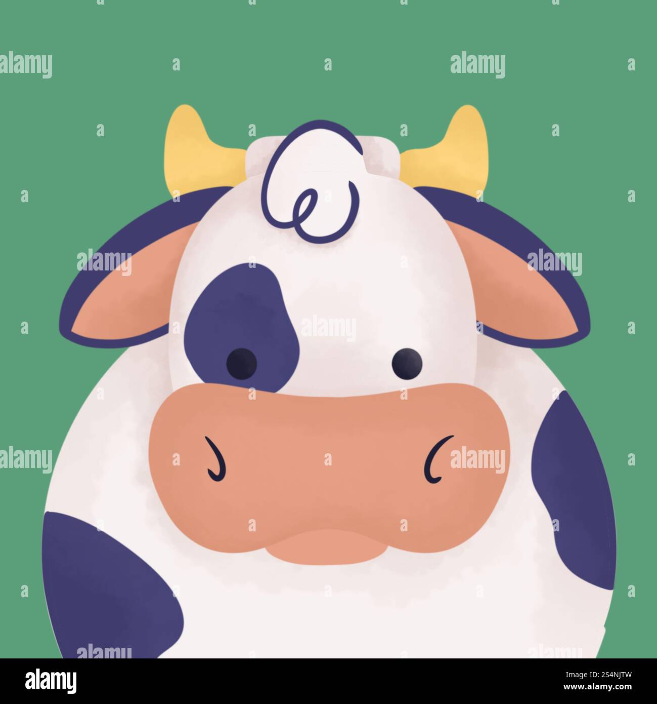 Playful cartoon-style cow with black spots, curly hair detail, and ...