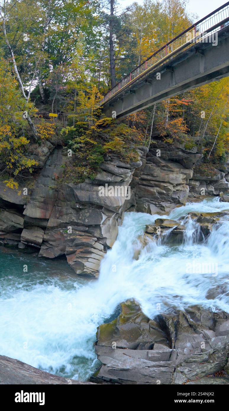 Autumn mountain river view with waterfall and bridge (Ukraine, Jaremcha ...