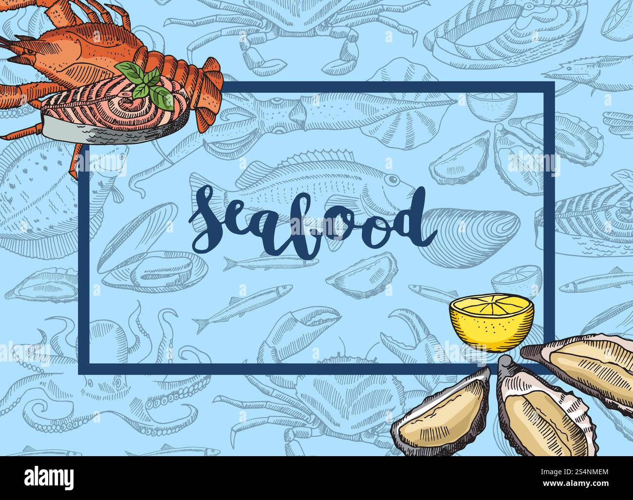 Vector frame with hand drawn seafood elements incorners on half ...