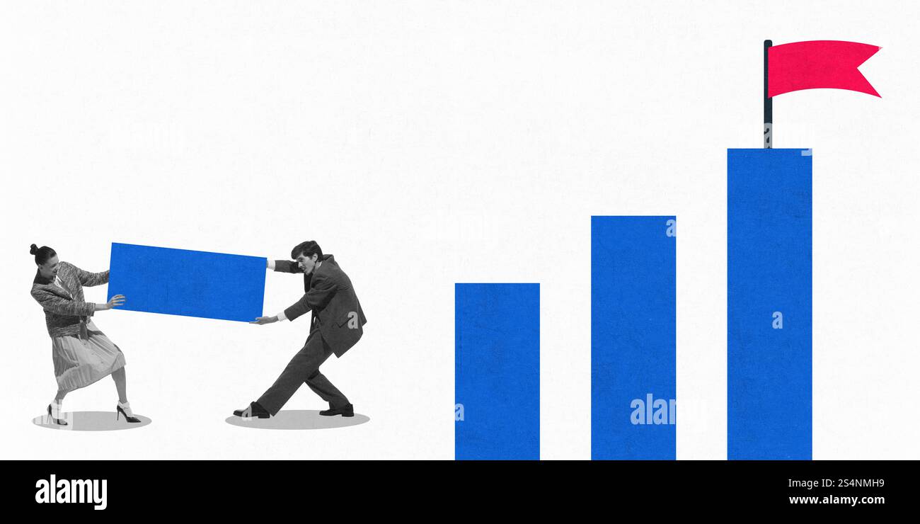 Business people pushing oversized blue bar to complete upward graph ...