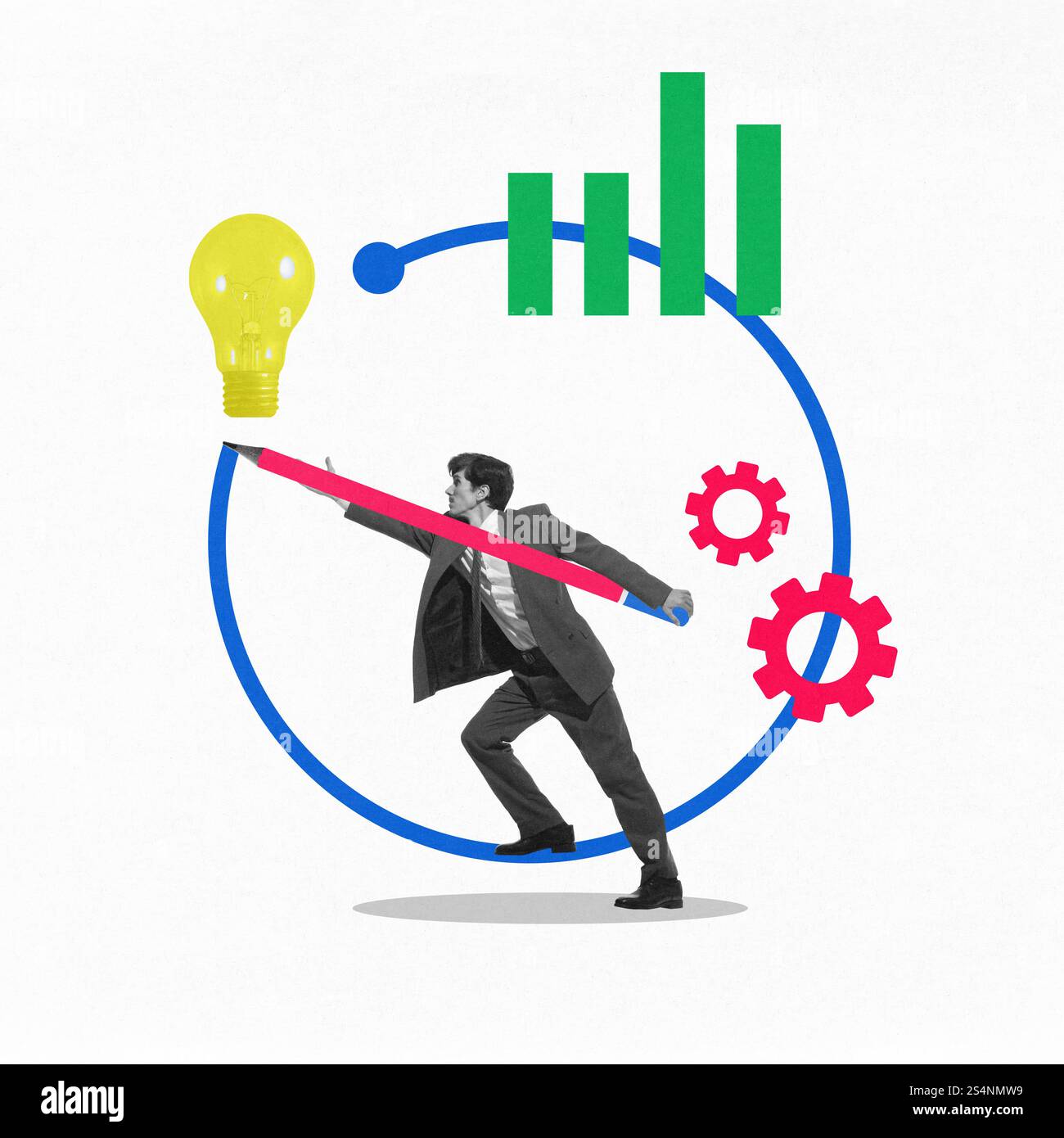 Businessman holding oversized pencil connecting innovation symbols like ...