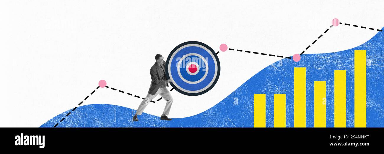 Businessman holding large bullseye while walking on growth curve with ...