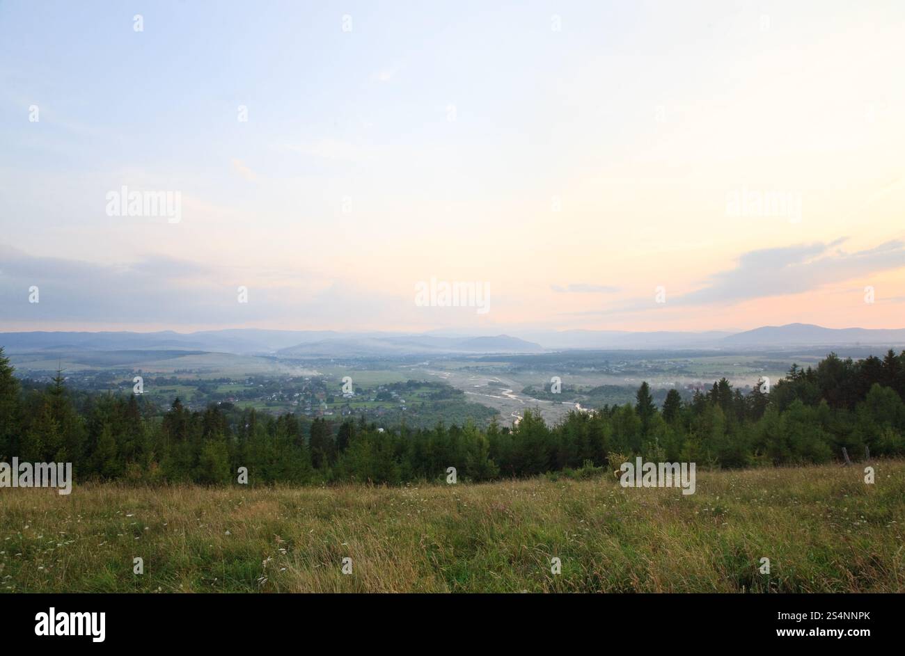 summer countryside foothills landscape with river valley, sunset and ...