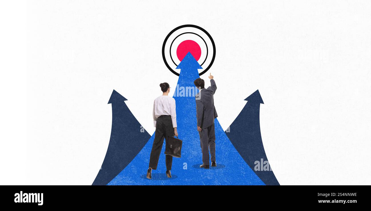Employees standing on split blue arrows pointing towards central red ...