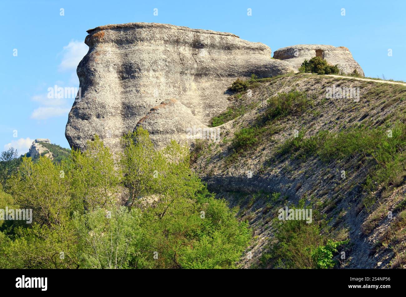 Spring Crimea Mountain landscape with precipitous rock on sky ...