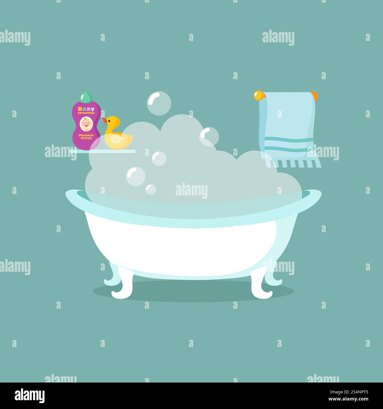 Bathroom cartoon vector interior with bathtub full of foam and shower ...